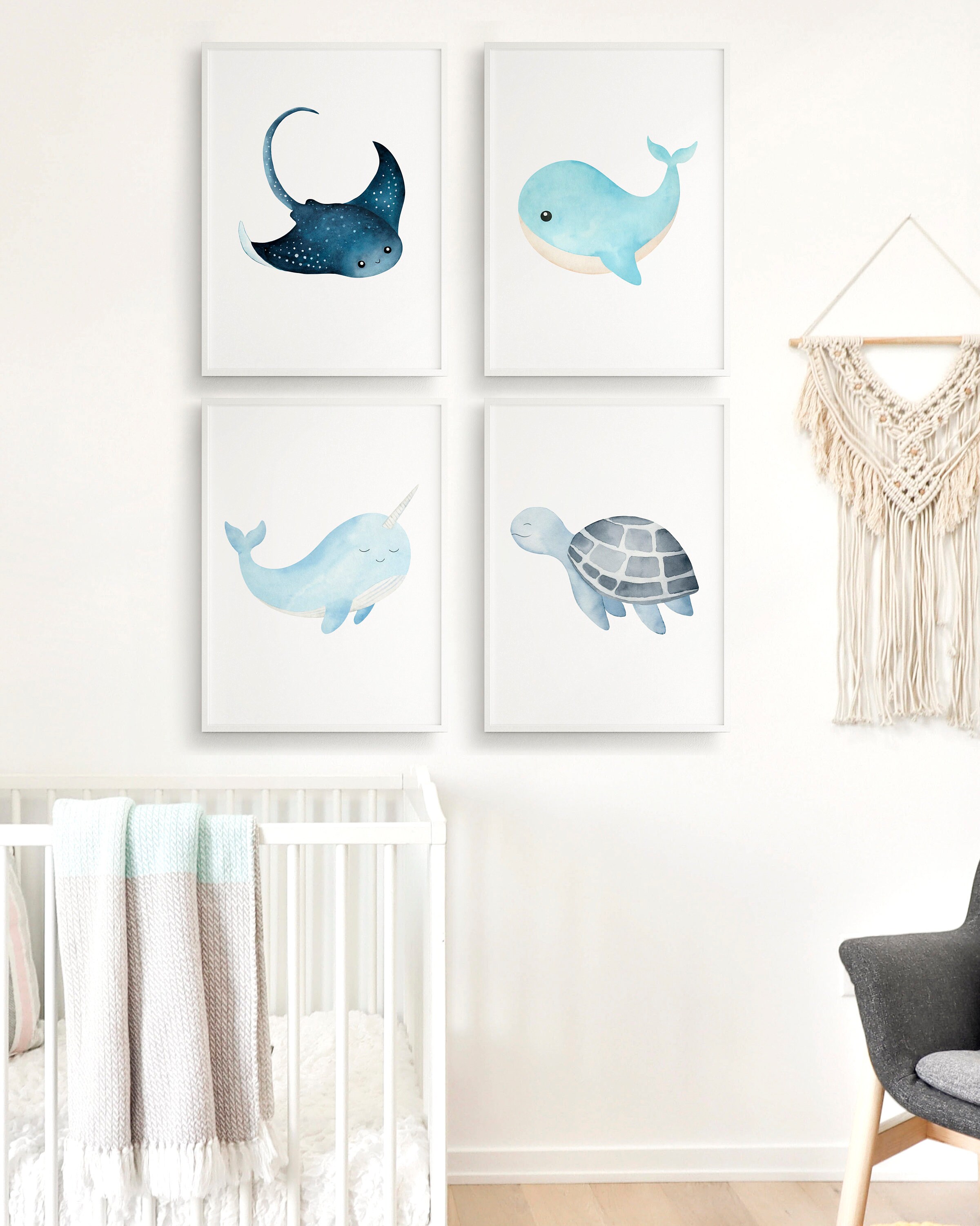 Set of 4 Sea Animal Prints, Under the Sea Nursery Wall Art, Kids ...