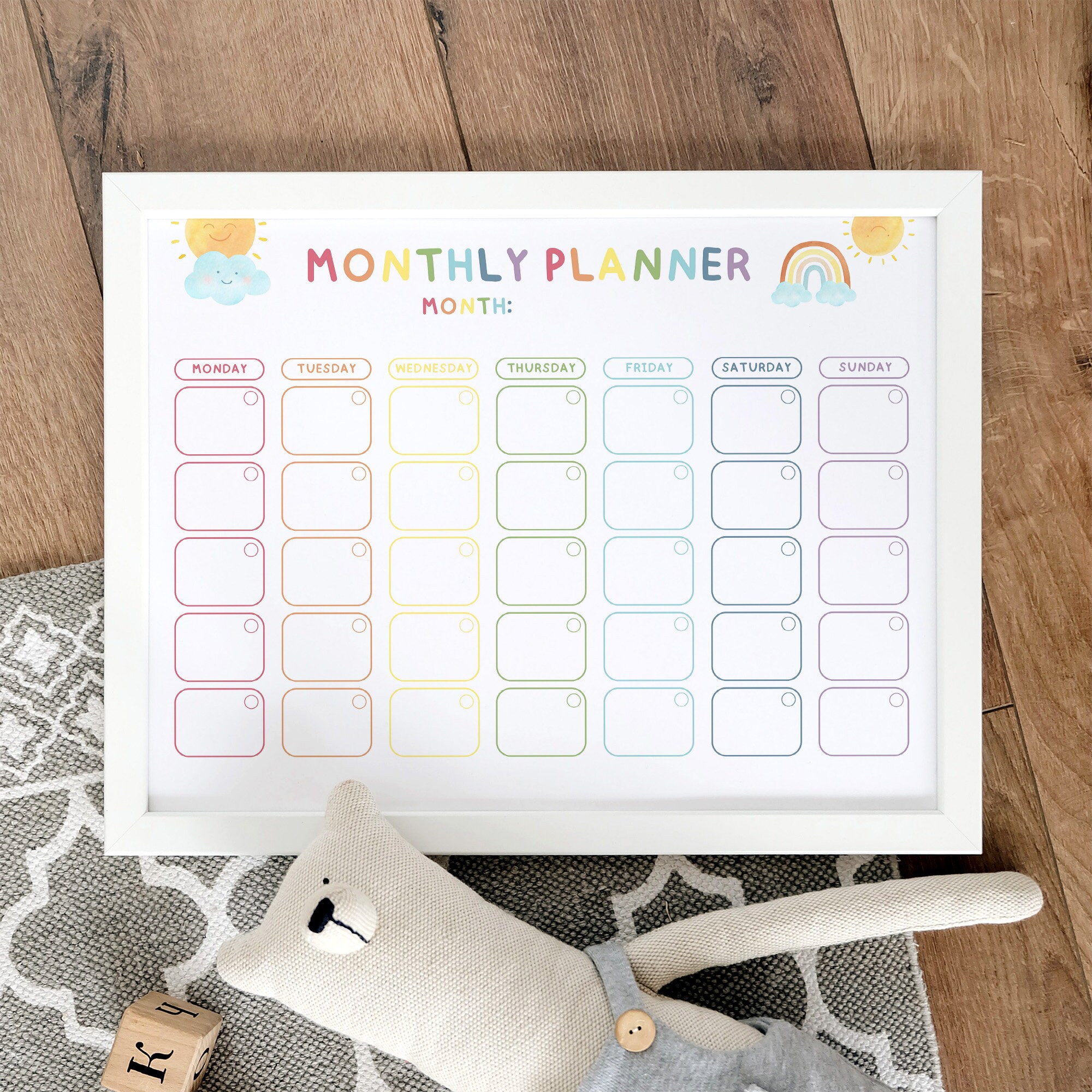 Rainbow Kids Monthly Calendar, Colorful Daily Planner, Homeschool ...