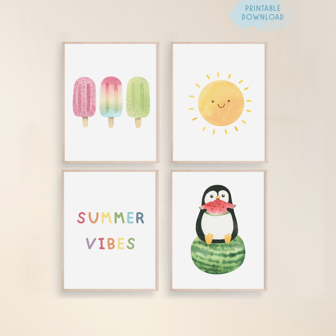 Summer Vibes Set of 4, Cute Rainbow Nursery Room Prints, Smiling Sun ...