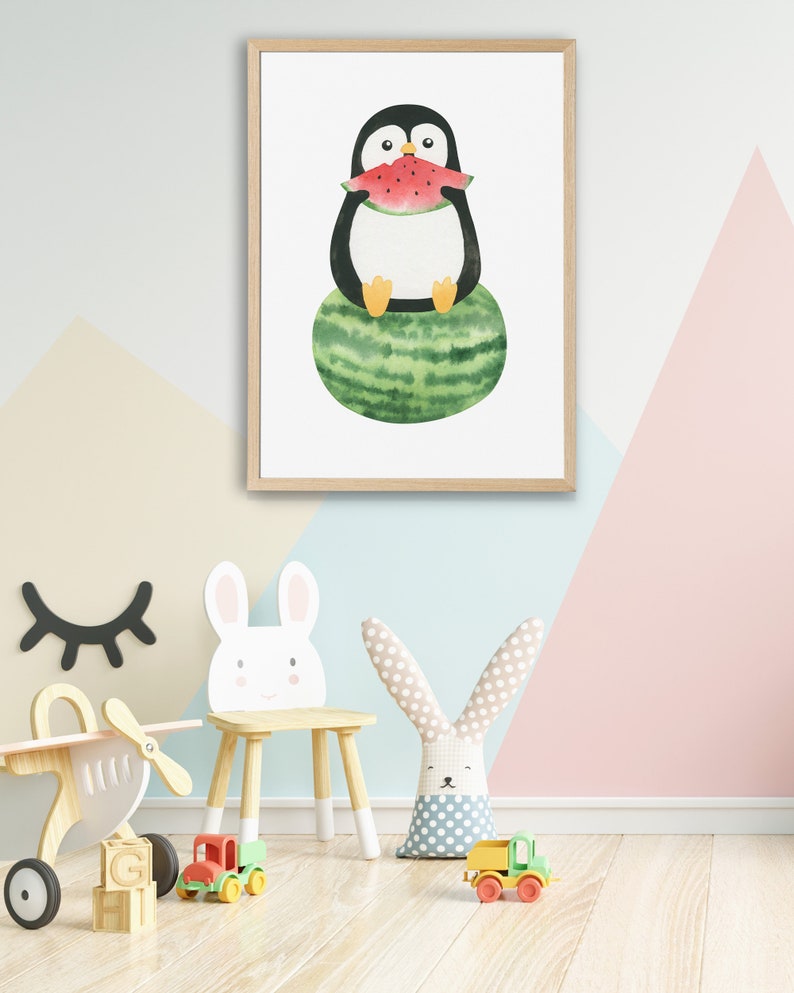 Watermelon Baby Penguin Nursery Printable, Kids Neutral Wall Art, Cute ...