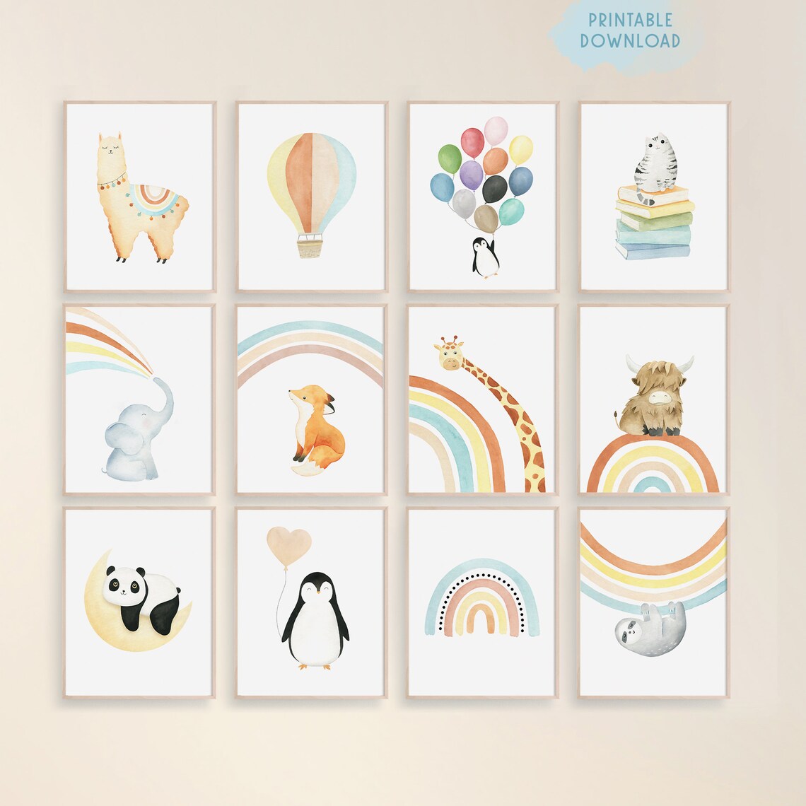 Set of 12 Neutral Nursery Printables, Rainbow Baby Animals Wall Art ...