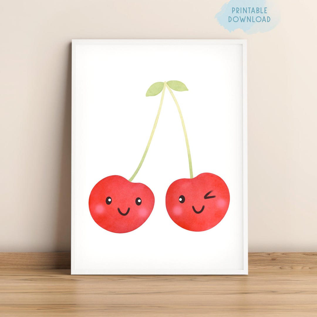 Cute Cherries Nursery Print, Fruit Printable Poster, Smiling Cherry ...