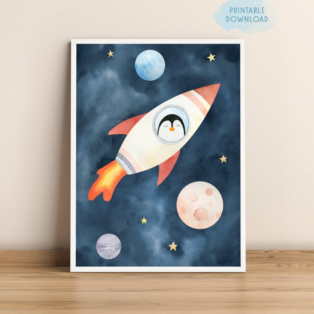 Penguin in a Rocket Ship Poster, Space Themed Nursery Decor Print ...