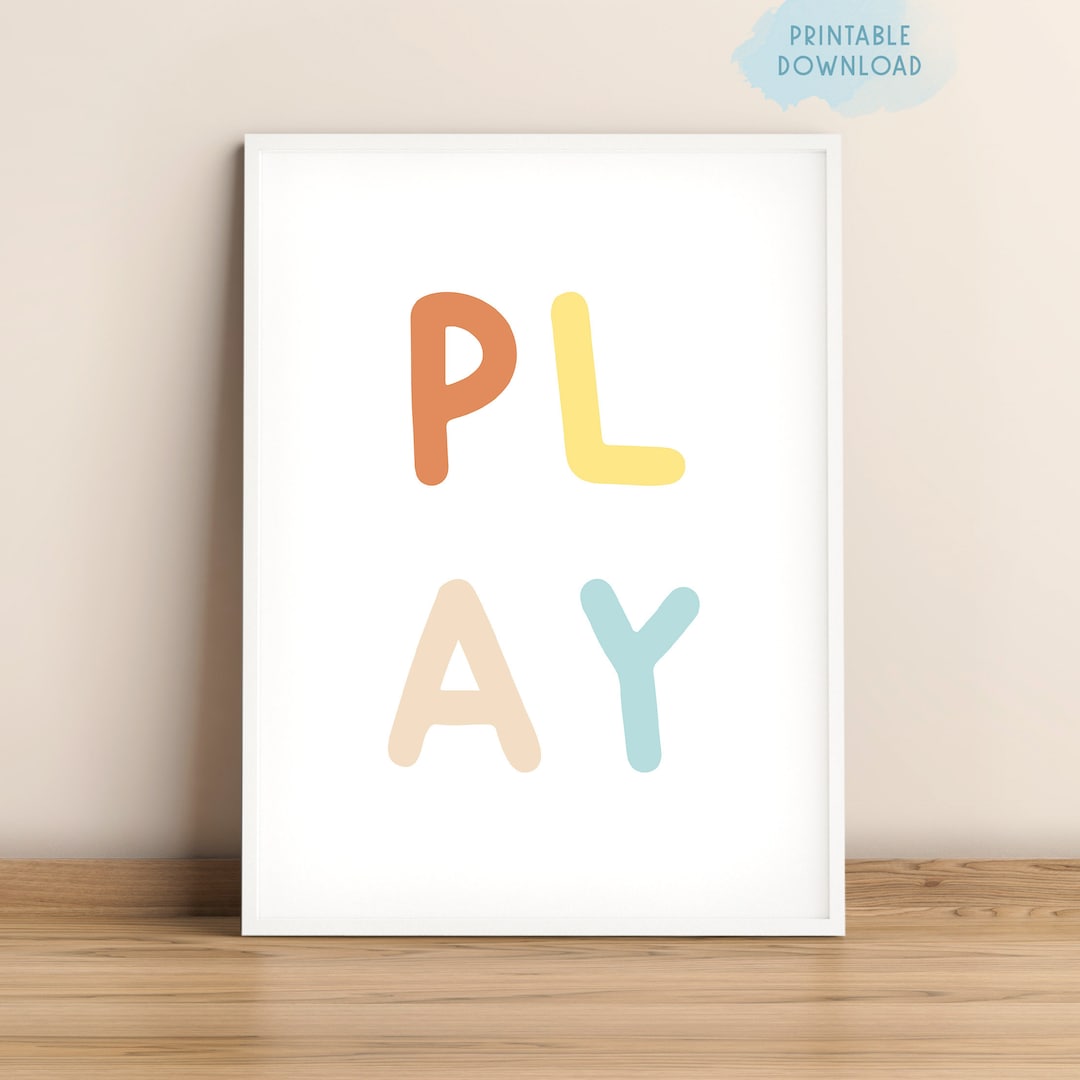 Play Poster, Kids Playroom Printable, Rainbow Nursery Wall Art, Neutral ...
