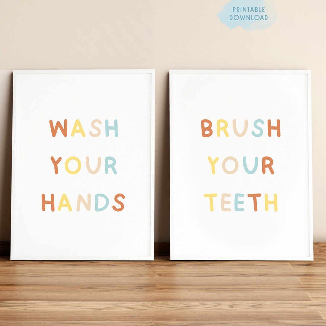 Set of 2 Kids Wall Decor, Bathroom Rules Printable, Wash Your Hands ...