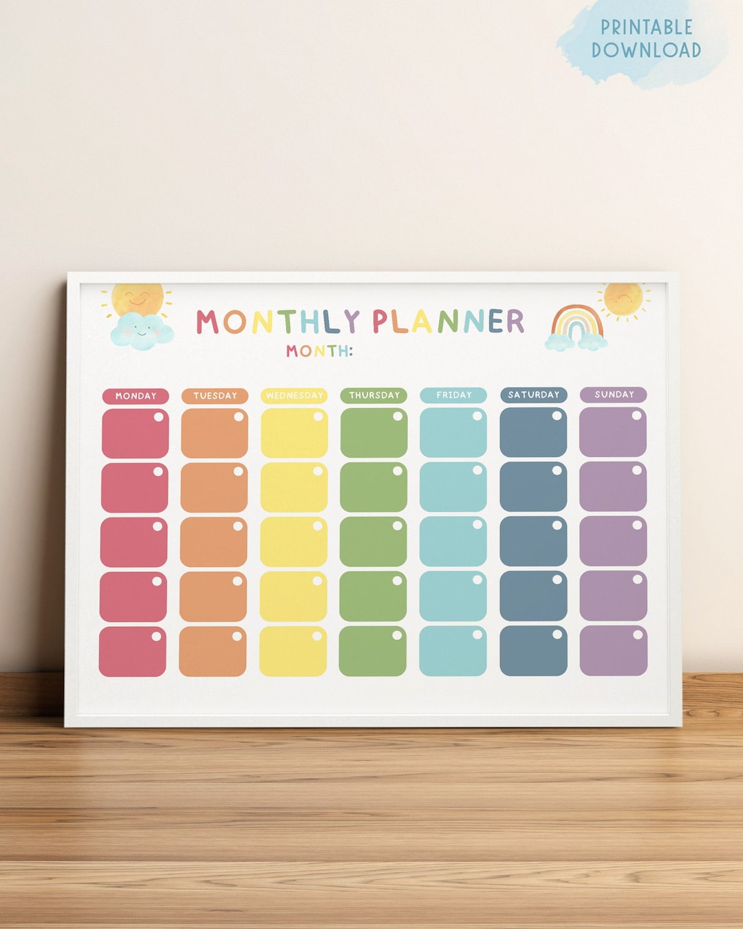 Planificador mensual colorido para niños, Calendario diario Rainbow ...