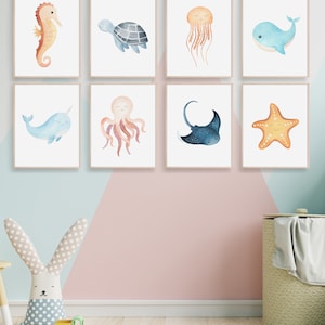 Set of 8 Sea Animal Prints, Under the Sea Nursery Wall Art, Kids ...