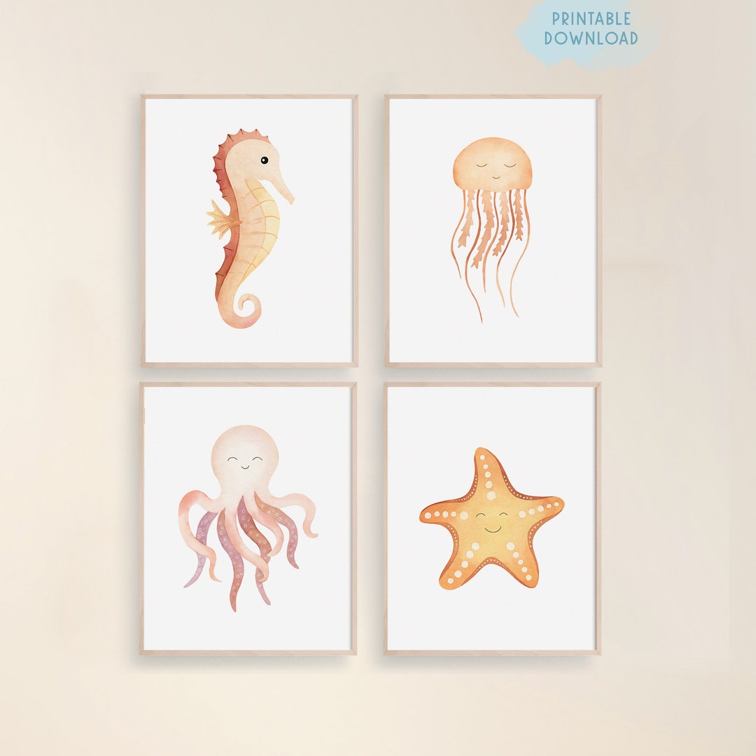 Set of 4 Sea Animal Prints, Under the Sea Nursery Wall Art, Kids ...
