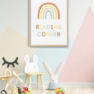 Rainbow Reading Corner Sign, Watercolor Printable Wall Art, Boho Kids ...