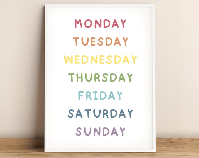 Rainbow Days of the Week, Playroom Educational Poster, Rainbow Nursery ...