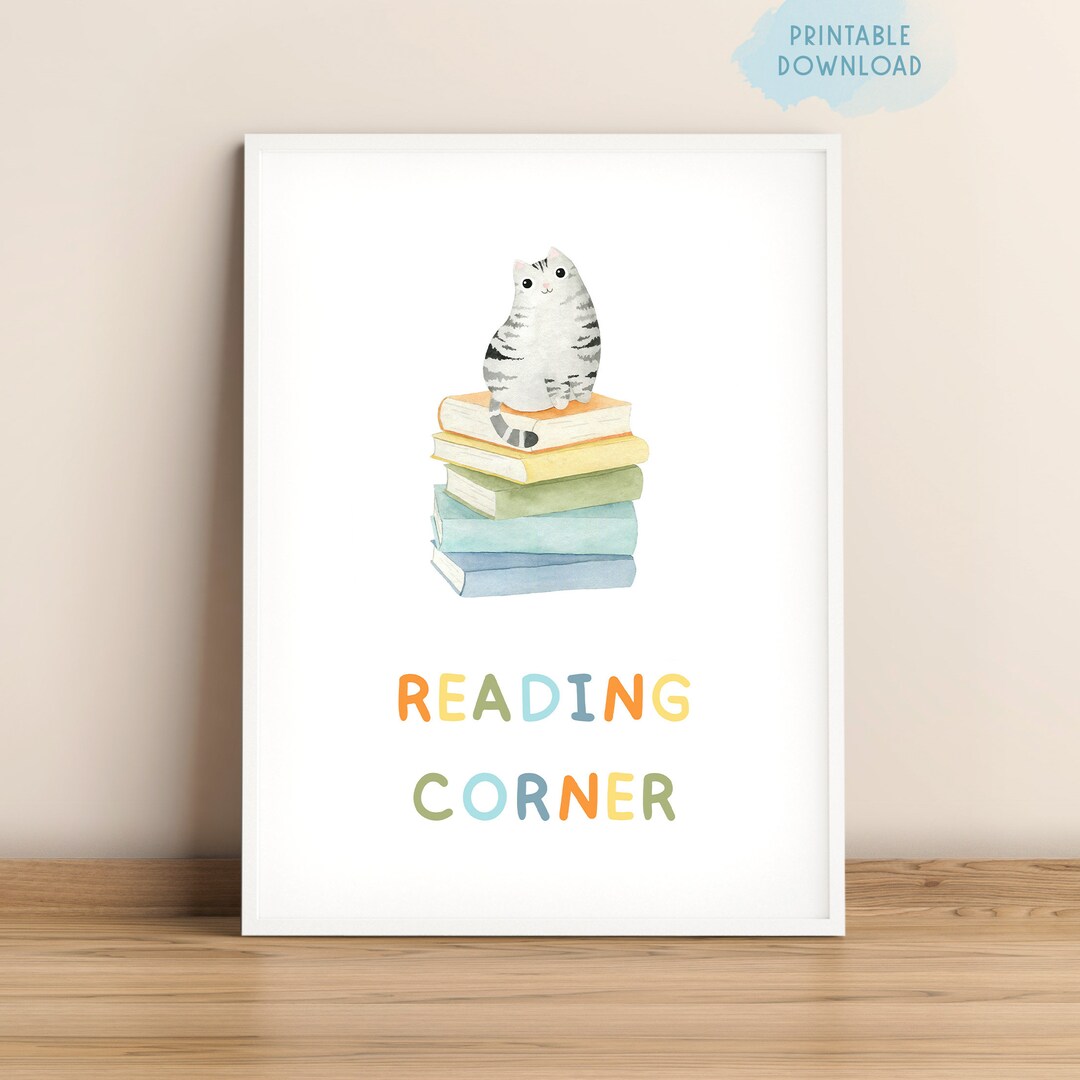 Reading Corner Sign, Cute Cat With Rainbow Books Print, Watercolor ...
