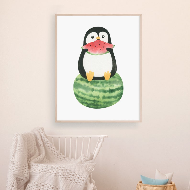 Watermelon Baby Penguin Nursery Printable, Kids Neutral Wall Art, Cute ...