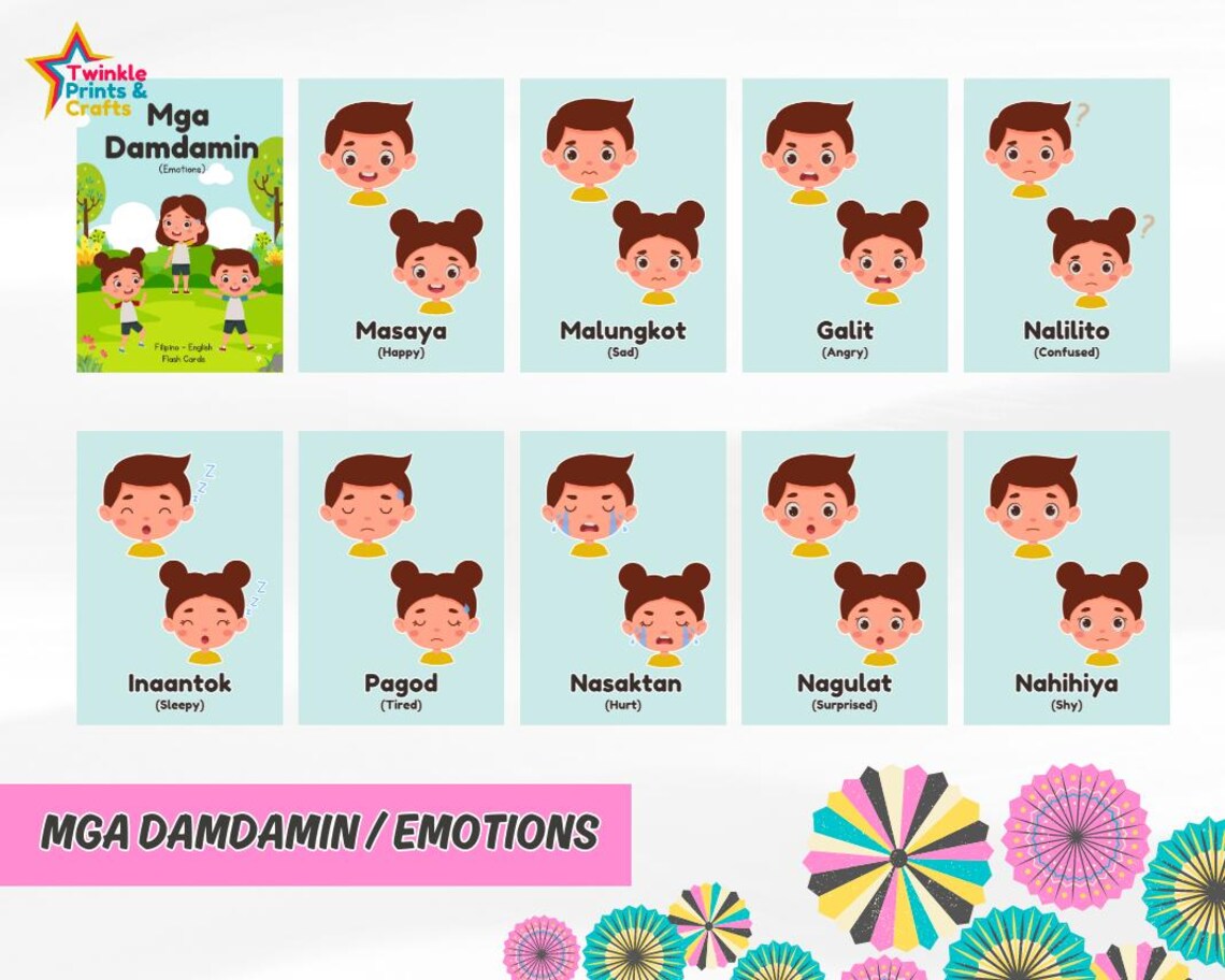 Mga Damdamin / Emotions Flash Card, Filipino Flash Cards, Filipino ...