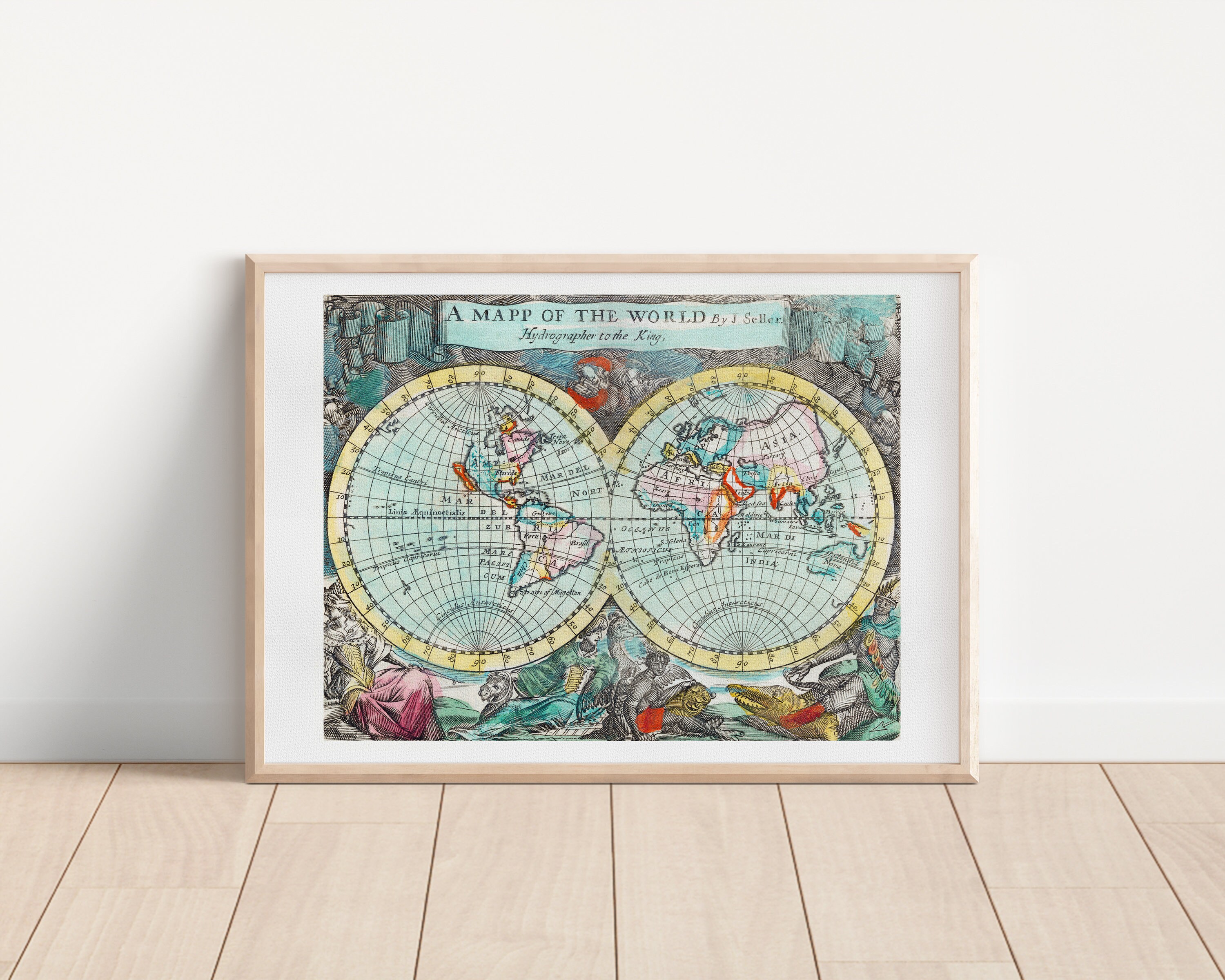 1682 A Mapp of the World Art Print, Map by John Seller, Reproduction of ...