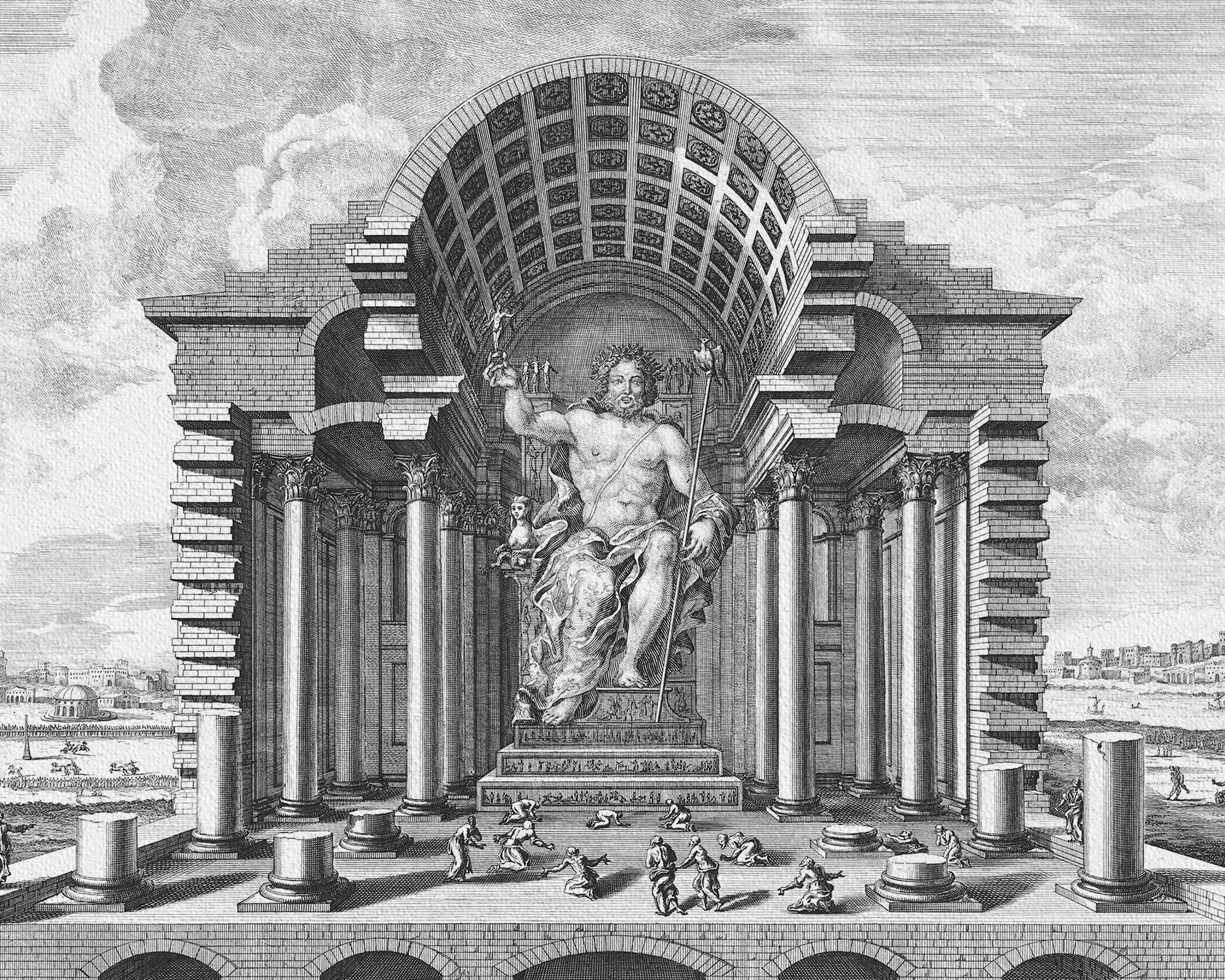 Statue of Zeus at Olympia Etching, Seven Wonders of the Ancient World ...