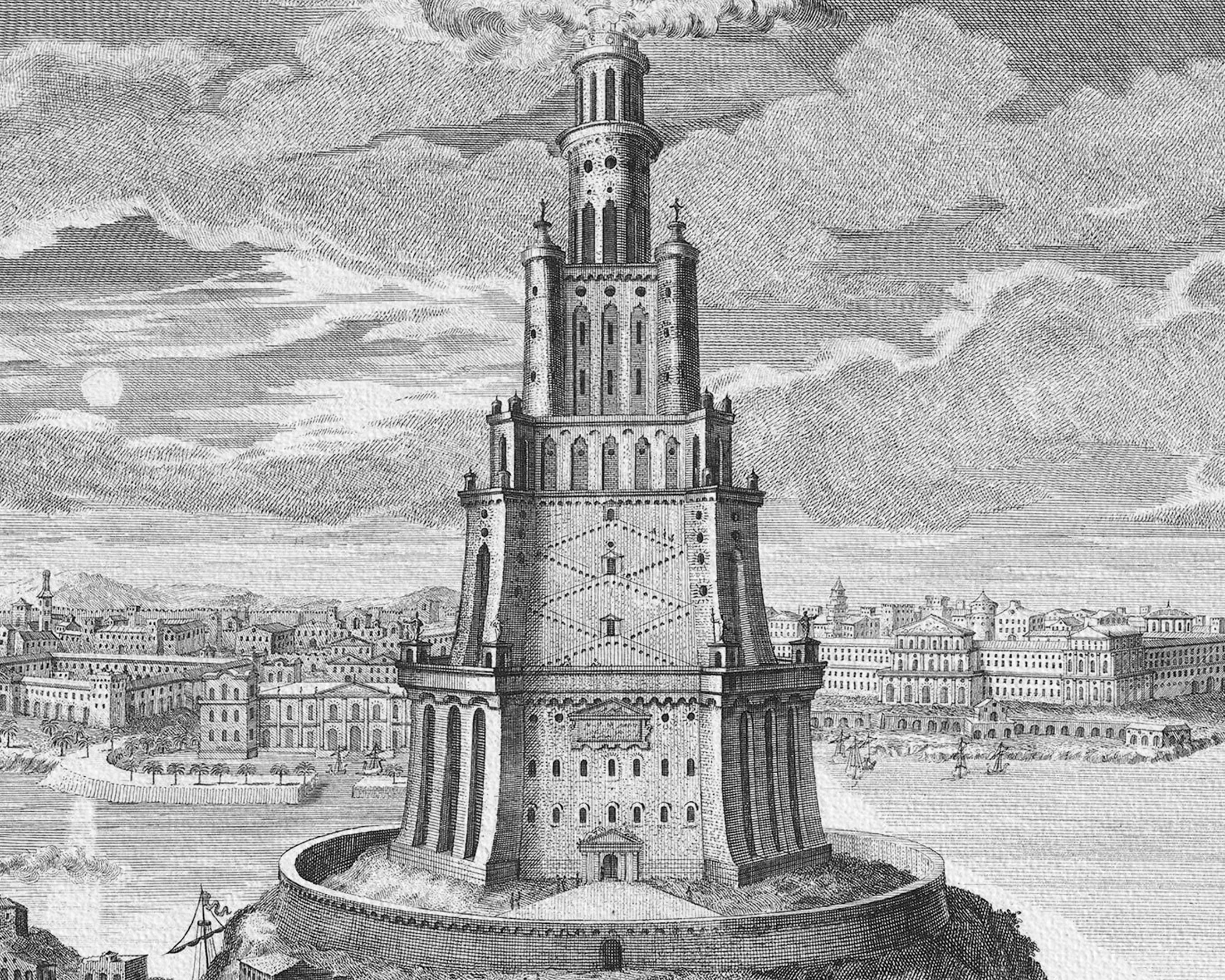 Lighthouse of Alexandria Etching, Seven Wonders of the Ancient World ...