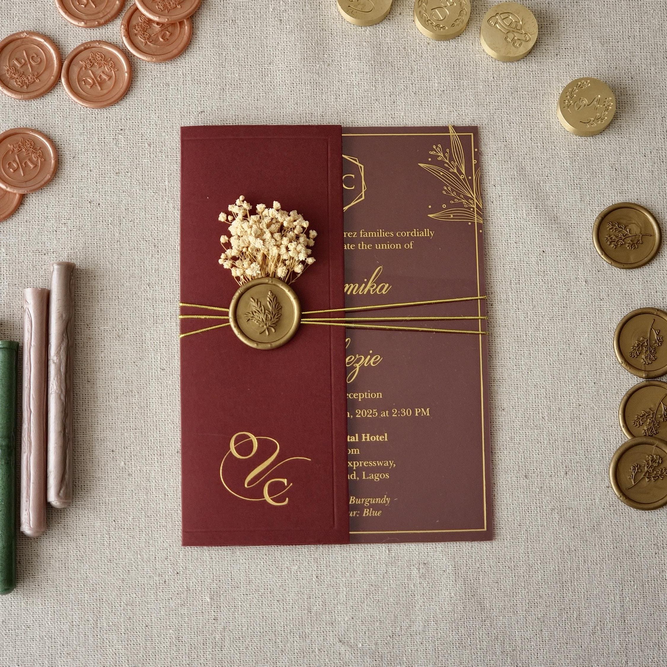 Burgundy Acrylic Wedding Invitations With Gold Foil, Half Fold Envelope ...