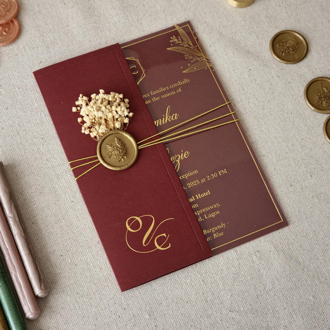 Burgundy Acrylic Wedding Invitations With Gold Foil, Half Fold Envelope ...