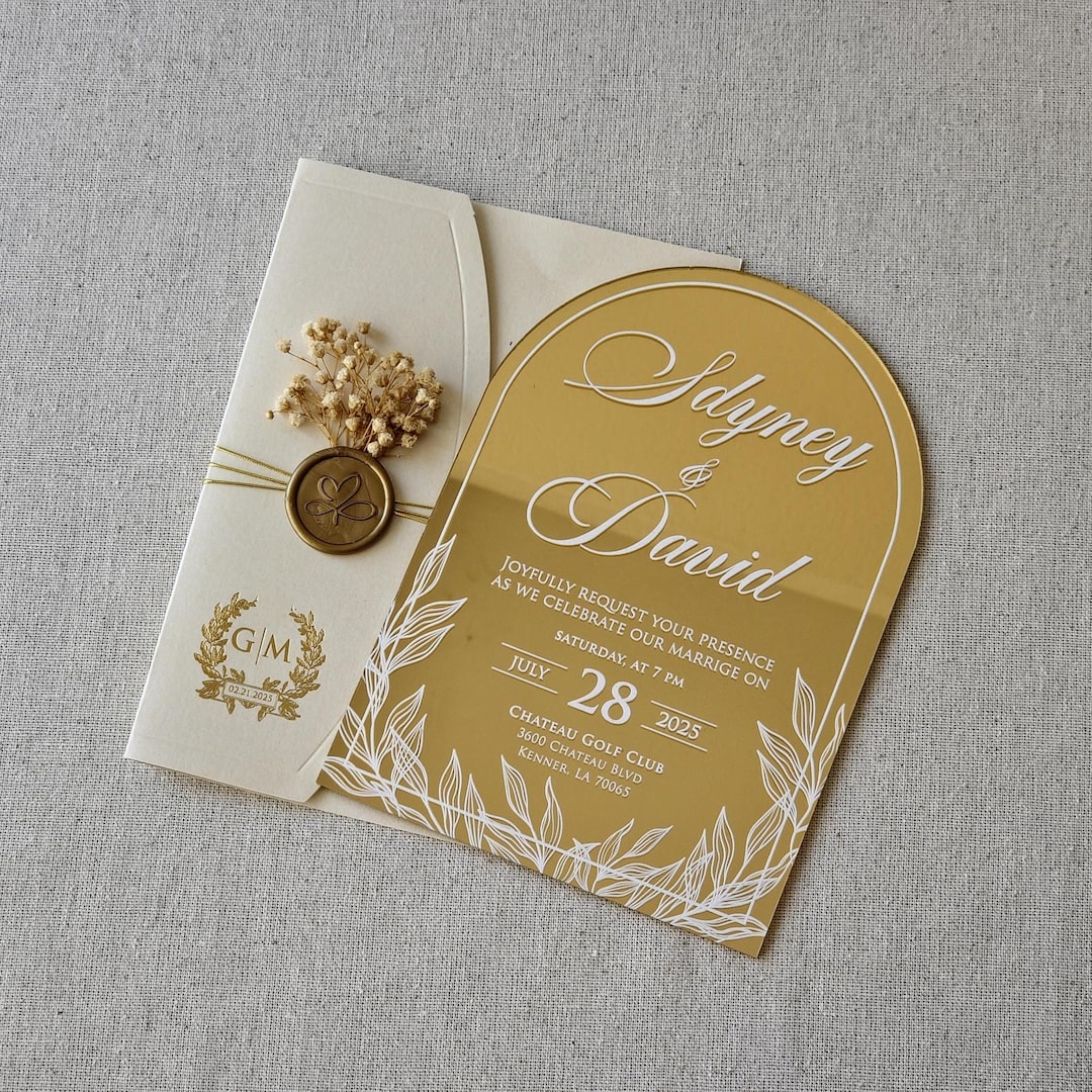 Elegant Gold Mirrored Acrylic Wedding Invitation, Party Invitation ...