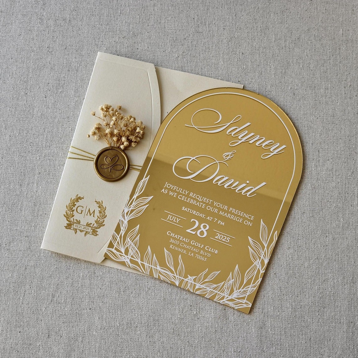 Elegant Gold Mirrored Acrylic Wedding Invitation, Party Invitation ...
