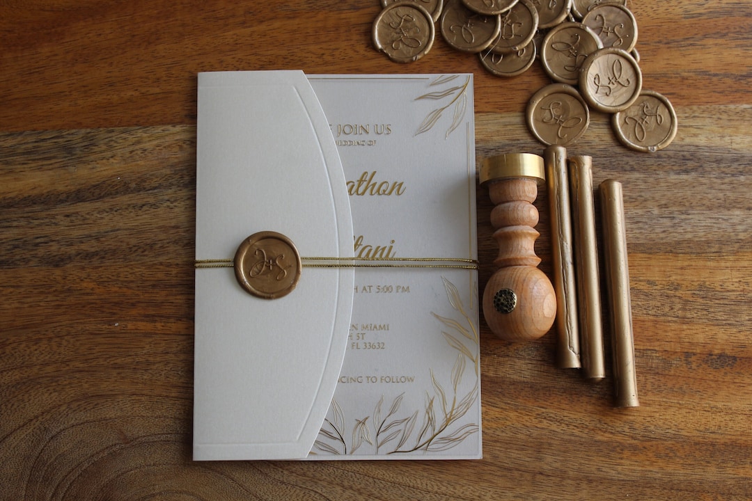 Minimalist Acrylic Wedding Invitation Gold Foil Cream Half Fold ...