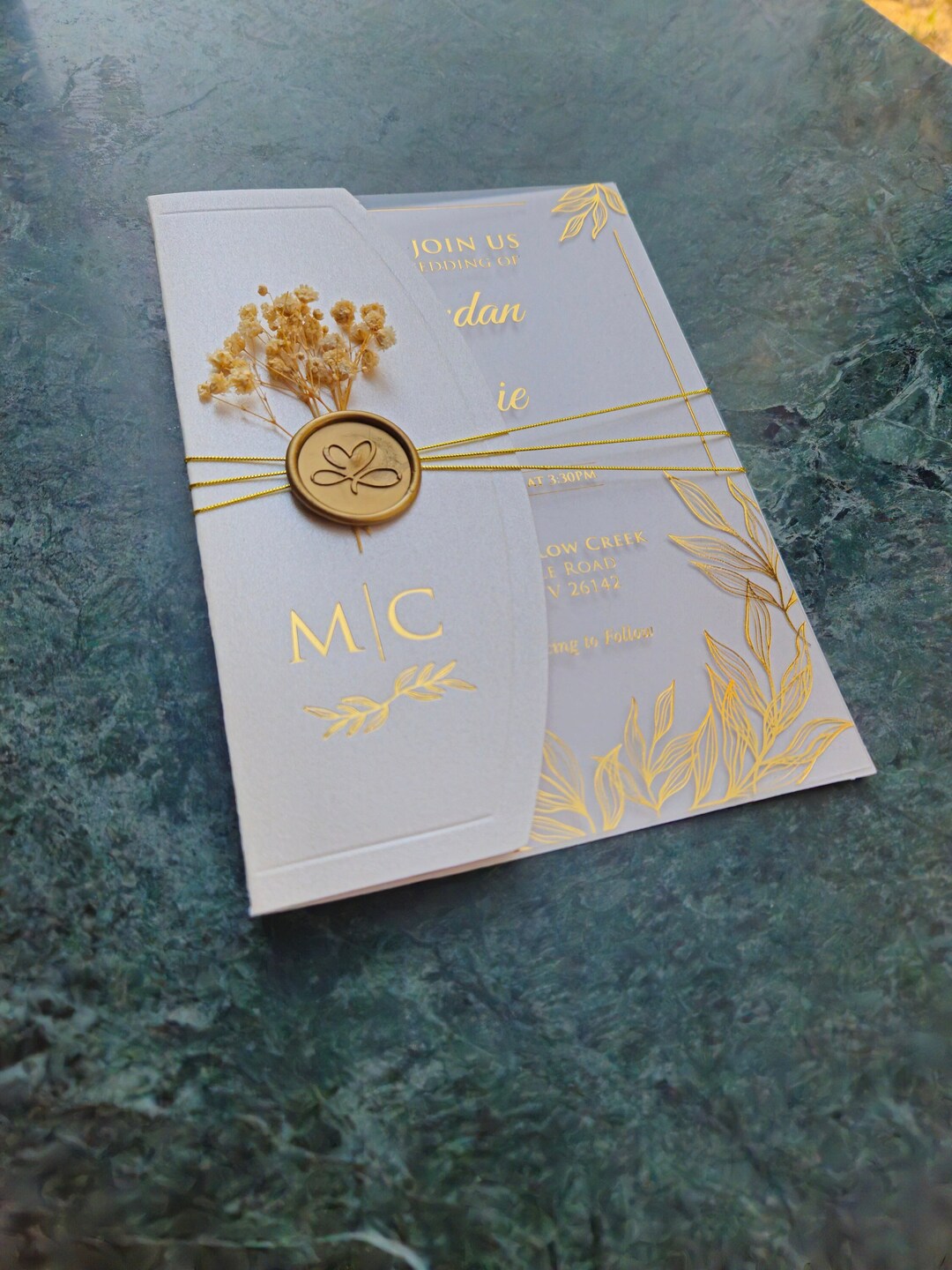 Elegant Acrylic Wedding Invitations With Gold Foil, Half Fold Envelope ...