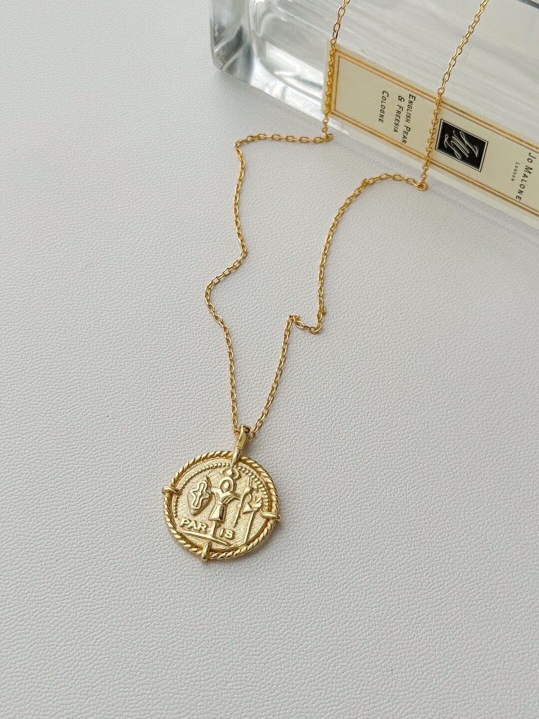 Gold Coin Necklace. Sterling Silver Vintage Coin Pendant Necklace. 18K ...