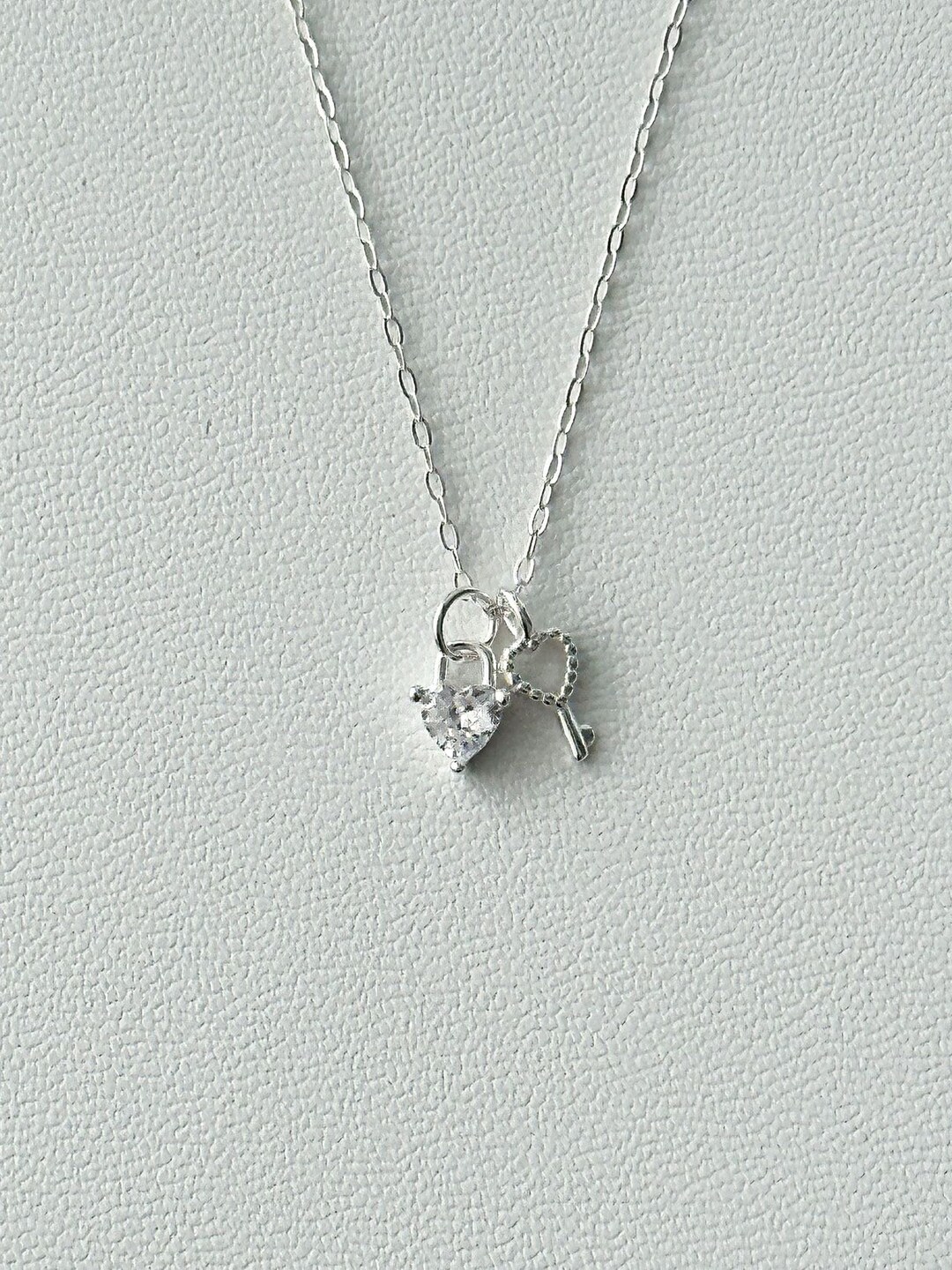 Silver Crystal Key Necklace. Tiny Heart Gemstone Pendant Necklace. Duo ...
