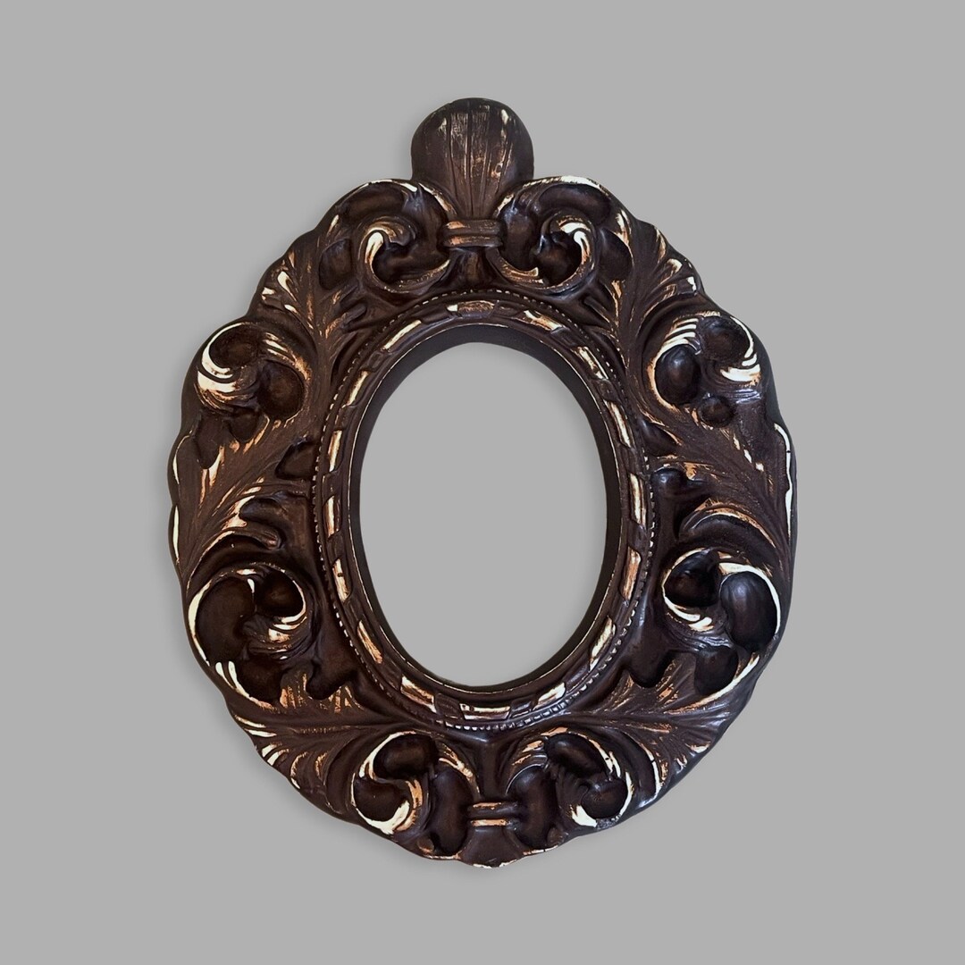 Vintage Upcycled 4x5 Open Oval Frame Black Distressed Wall Decor Ornate ...