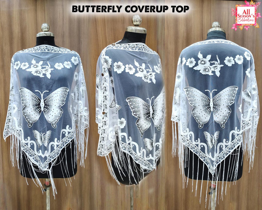 Scalloped Flowers and Butterfly Poncho for Bridesmaid Semi Sheer Square ...