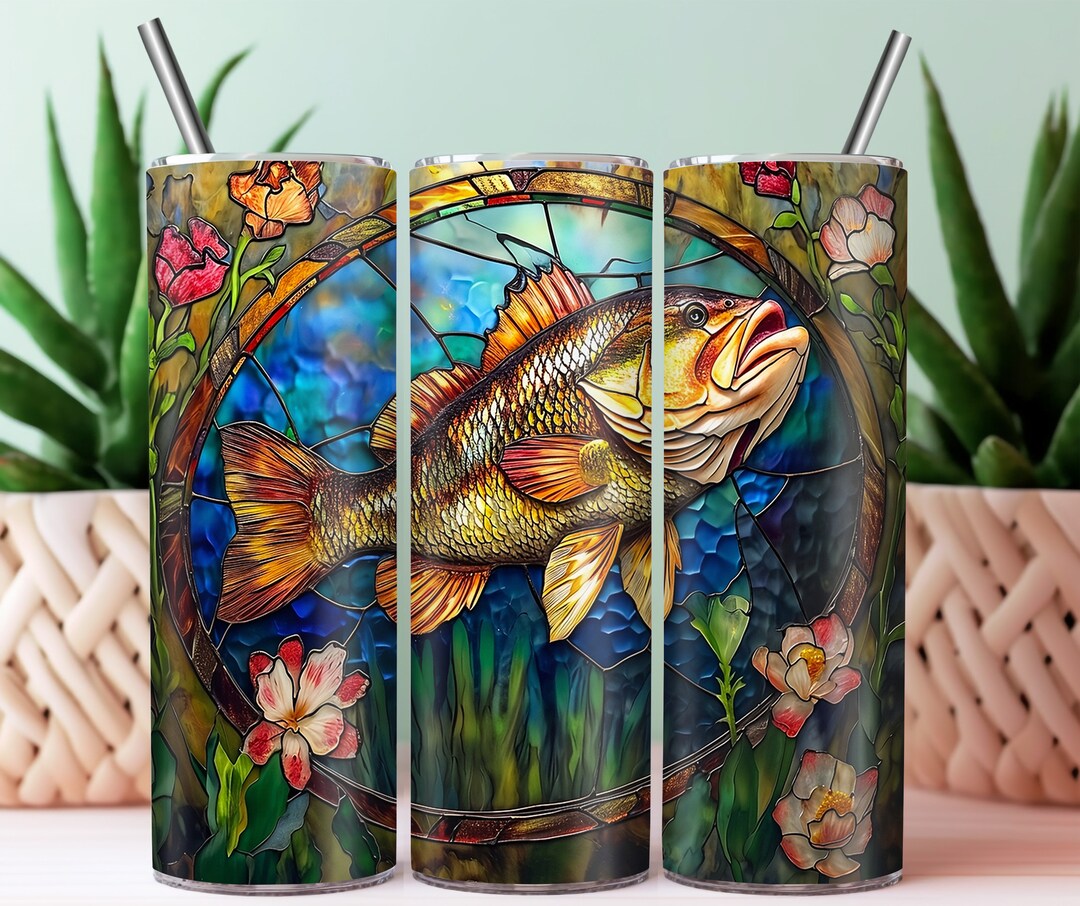 Stained Glass Bass Fish Tumbler 20oz Skinny Tumbler Stained Glass ...