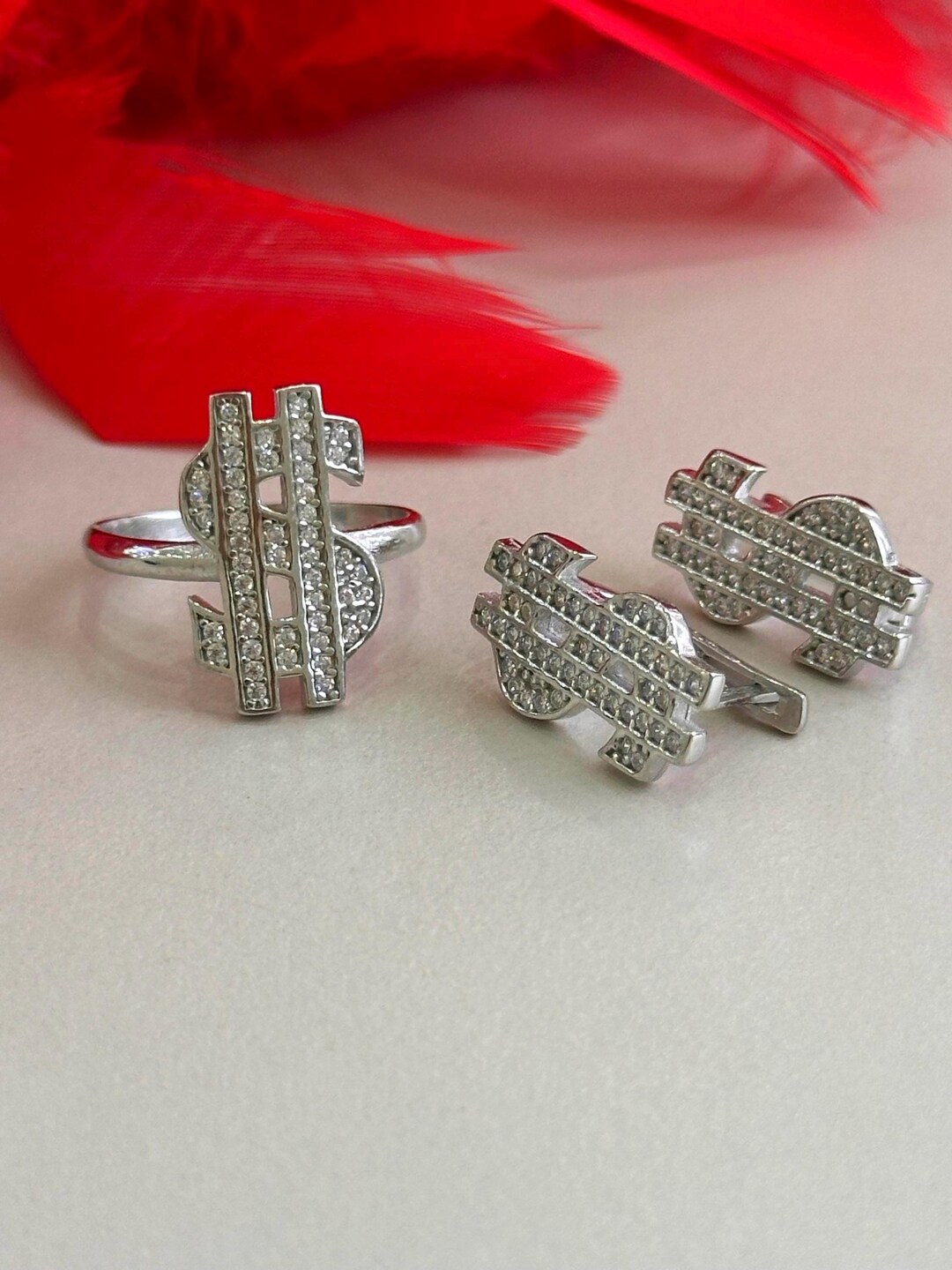 Handmade Silver Dollar Sign Jewelry Set Zircon-studded Ring and ...
