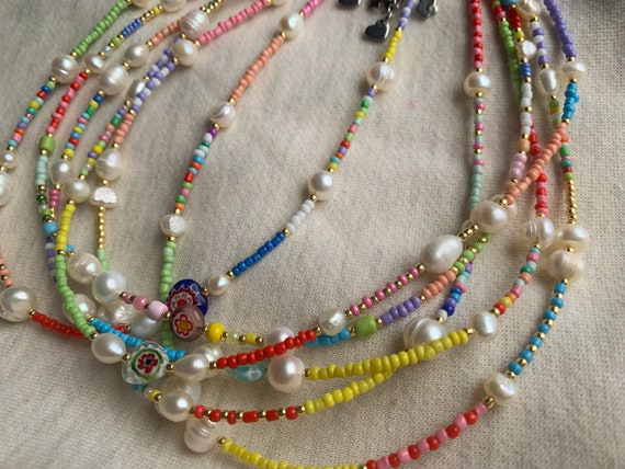 Freshwater Pearls Choker Necklace With Coloured Seed Beads And Etsy