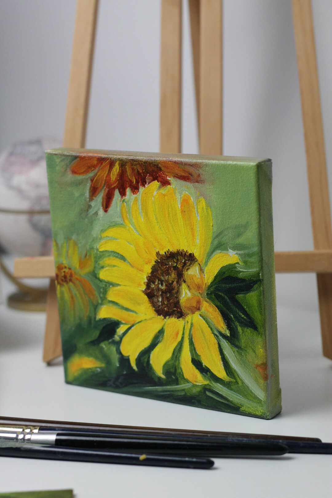 Blooming Sunflower 5.9x5.9 Small Original Oil Painting Miniature ...