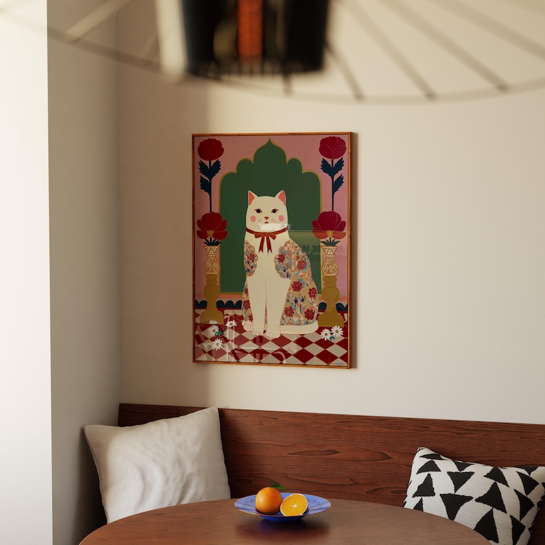 Floral Art Print: Vintage Folk Cat Illustration, Whimsical Animal ...