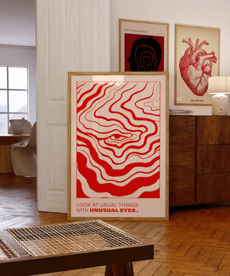 Red Psychedelic Wall Art Print Set: 70s Retro Decor (digital Download ...