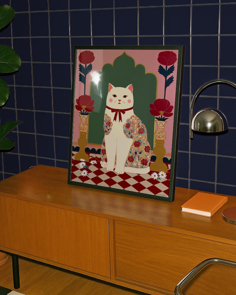 Floral Art Print: Vintage Folk Cat Illustration, Whimsical Animal ...