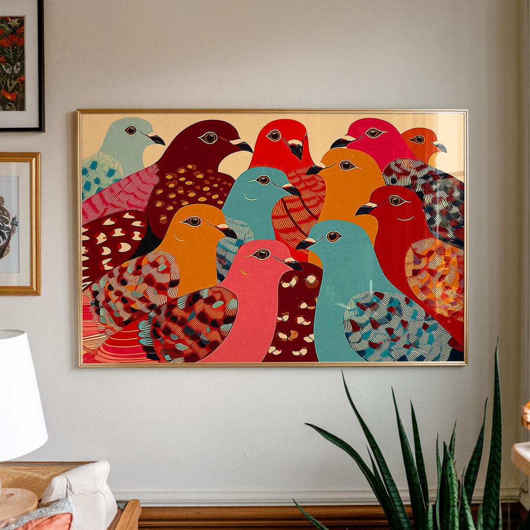 Colorful Birds Poster: Folk Style Animal Wall Decor, Eclectic Bohemian ...