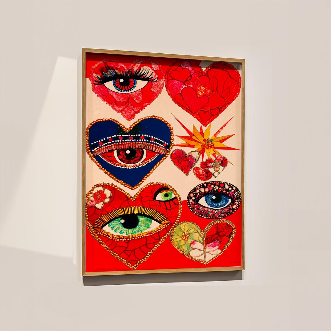 Maximalist Heart and Eye Art Print - Surreal Red and Beige Poster ...