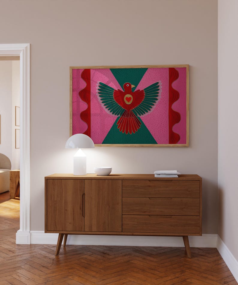 Sacred Heart Bird Print: Maximalist Colorful Wall Art - Etsy