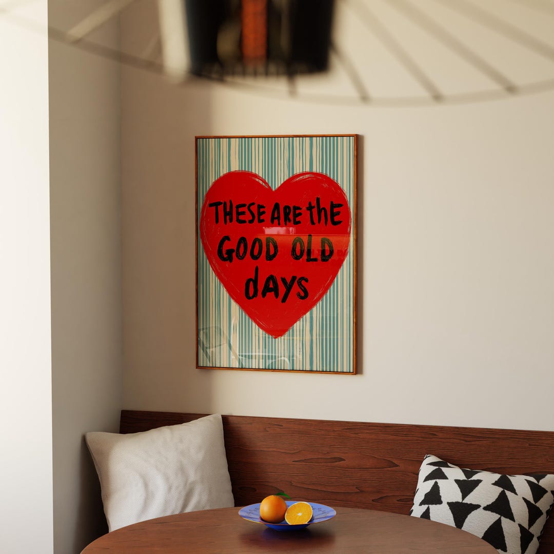 The Good Old Days Poster: Red Heart Quote Wall Art, Retro Striped Love ...