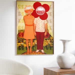 Disco Head Couple Poster: Retro Surreal Love Art Print (digital ...