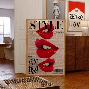 Retro Magazine Poster, 70s Print, Red Wall Art, Newspaper Poster, Girl ...