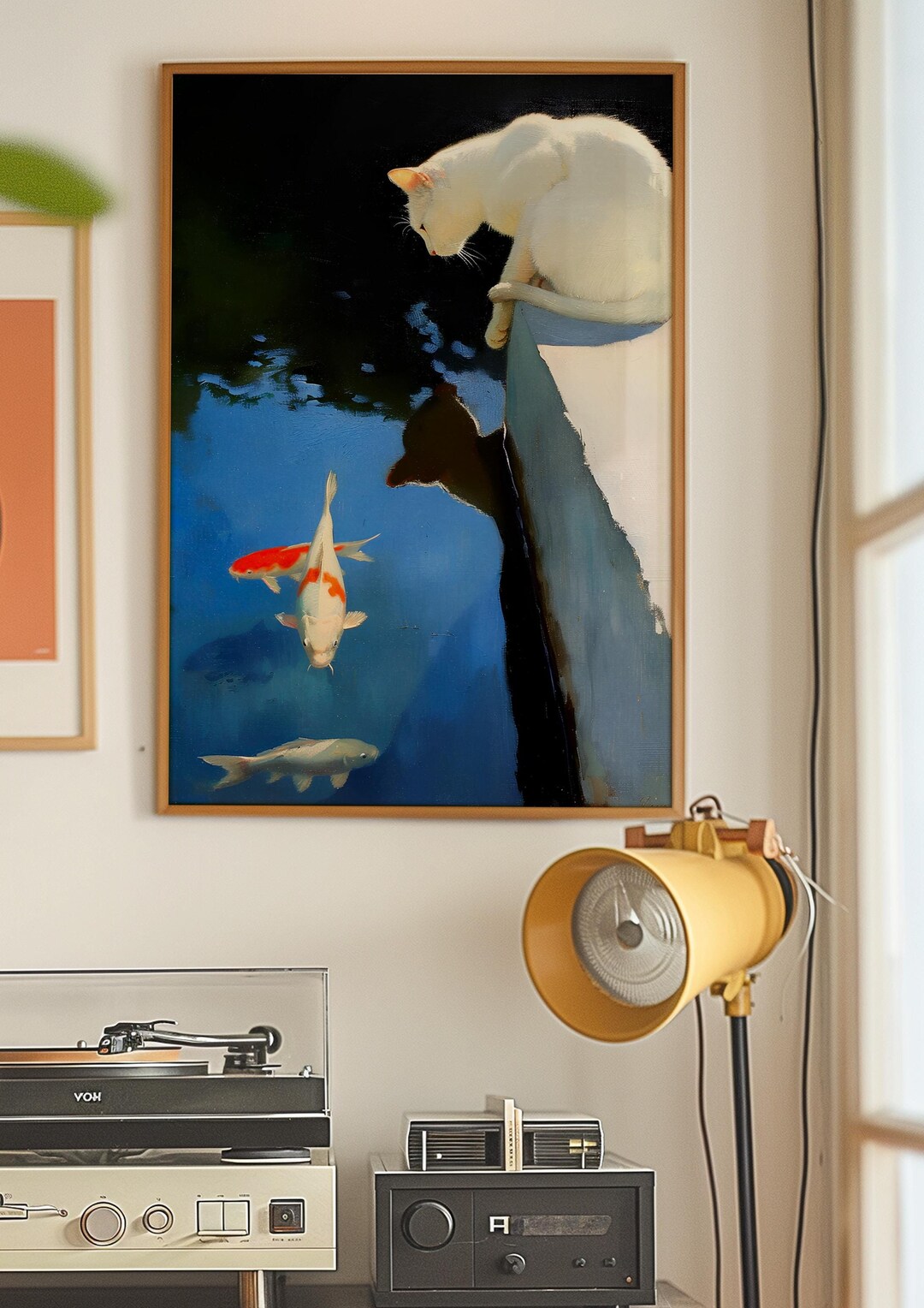 White Cat & Koi Fish Poster: 70s Retro Art Print (digital Download) - Etsy
