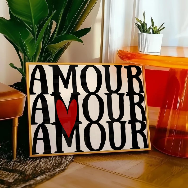 French Amour Typography Print: Minimalist Red Heart Valentine's Day ...