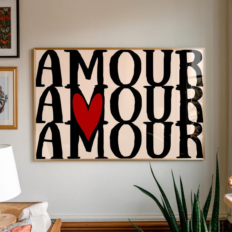 French Amour Typography Print: Minimalist Red Heart Valentine's Day ...