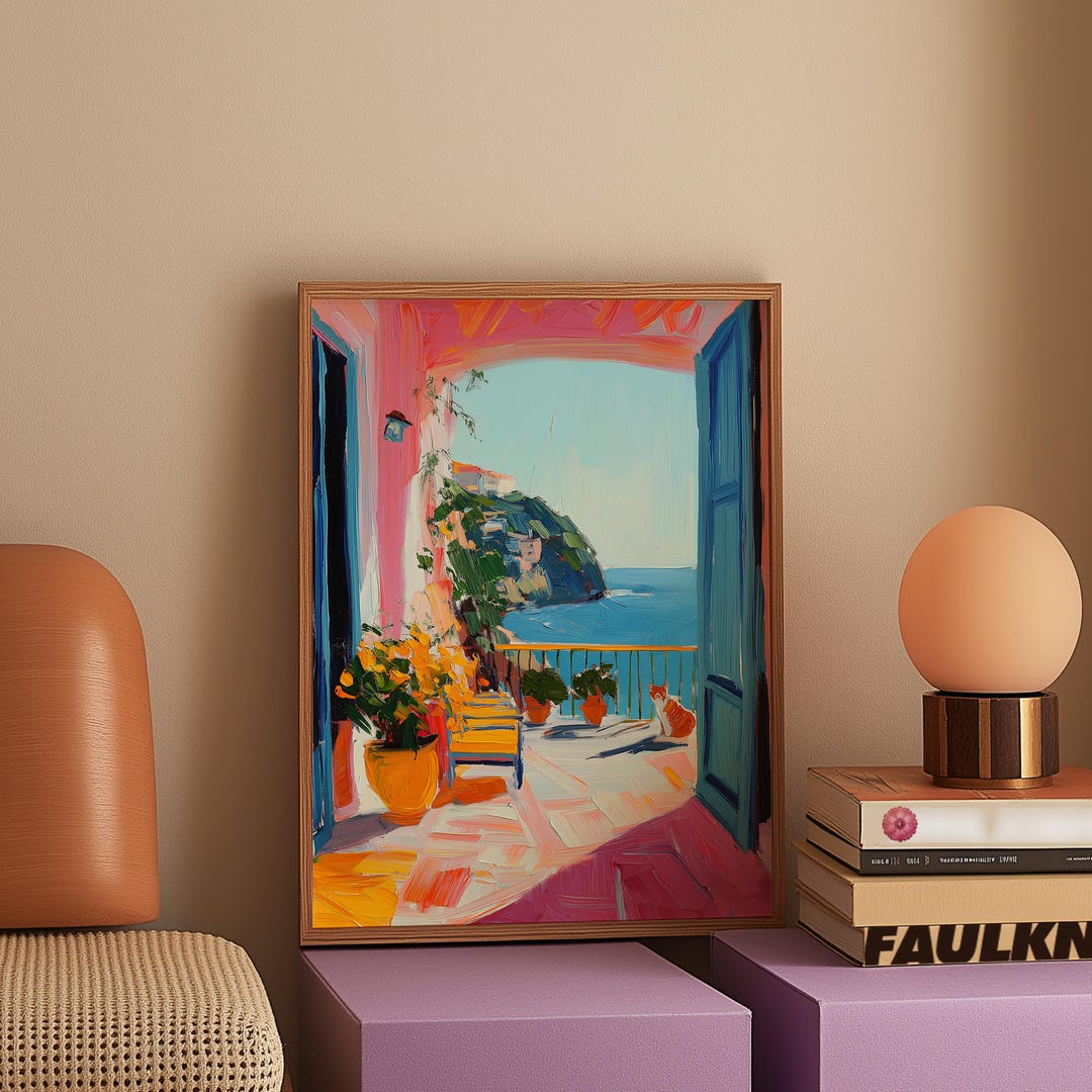 Mediterranean Balcony Print: Coastal Cat Art (digital Download) - Etsy