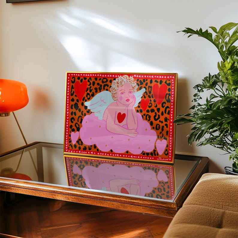 Cupid Angel Poster: Pink Heart Print, Leopard Pattern Art, Romantic ...