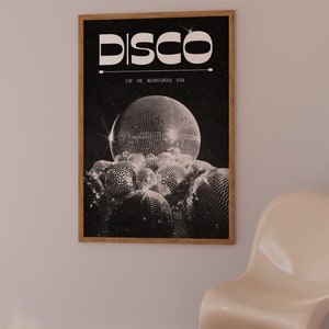 Disco Ball Poster, 70s Retro Print, Black Wall Art, Psychedelic Art ...