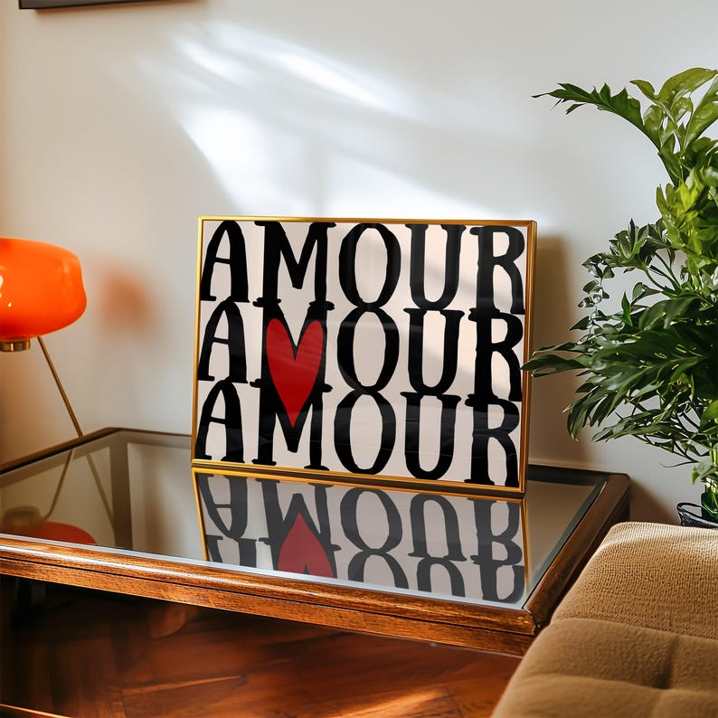 French Amour Typography Print: Minimalist Red Heart Valentine's Day ...